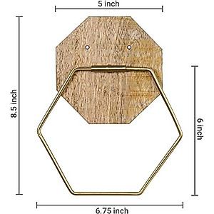 MyGift Brass Tone Metal Hexagon Wall Mounted Bathroom Hand Towel Ring with Mango Wood Geometric Backing - Handcrafted in India