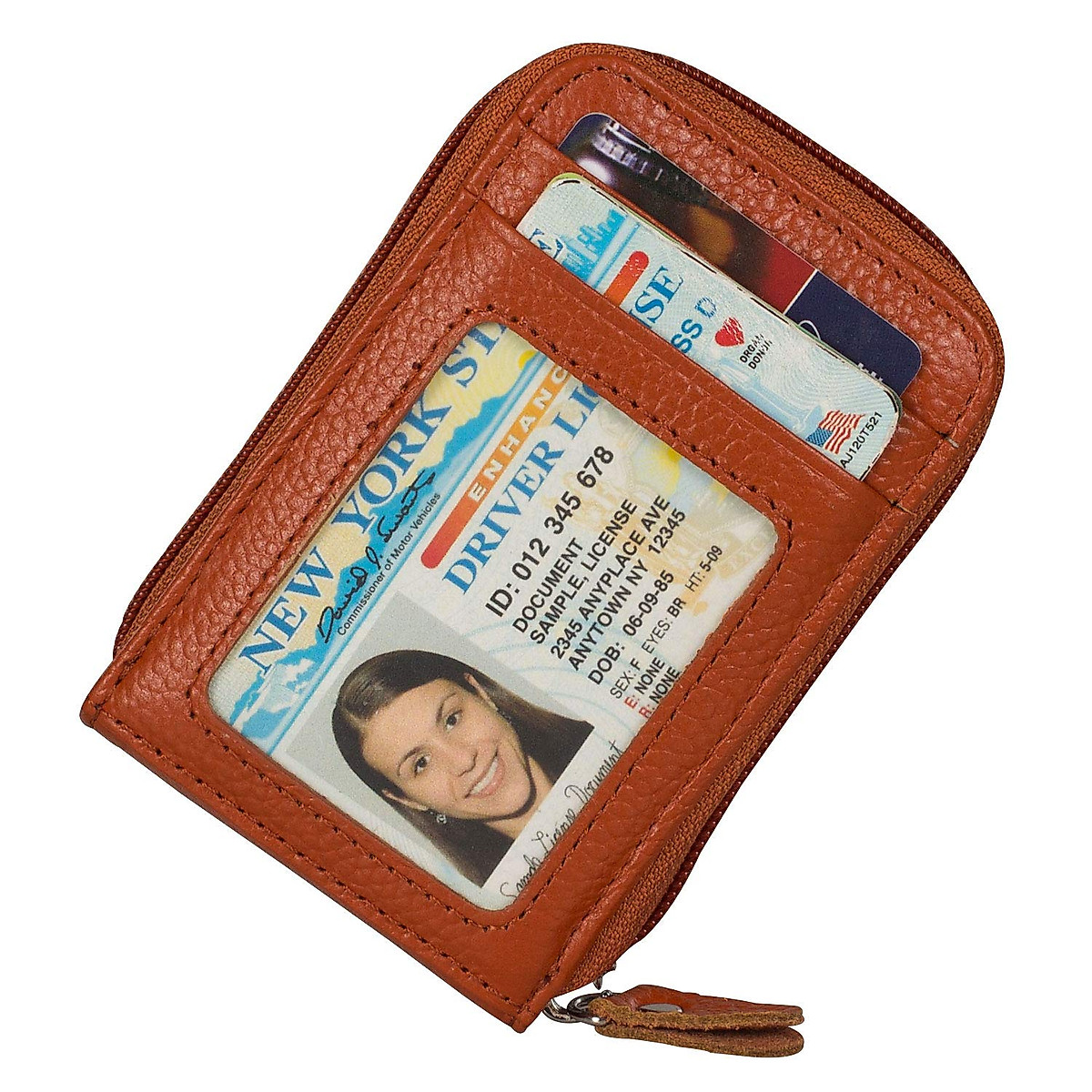 Noedy RFID Blocking Credit Card Case Organizer Genuine Leather Zip-Around Security Wallet Brown