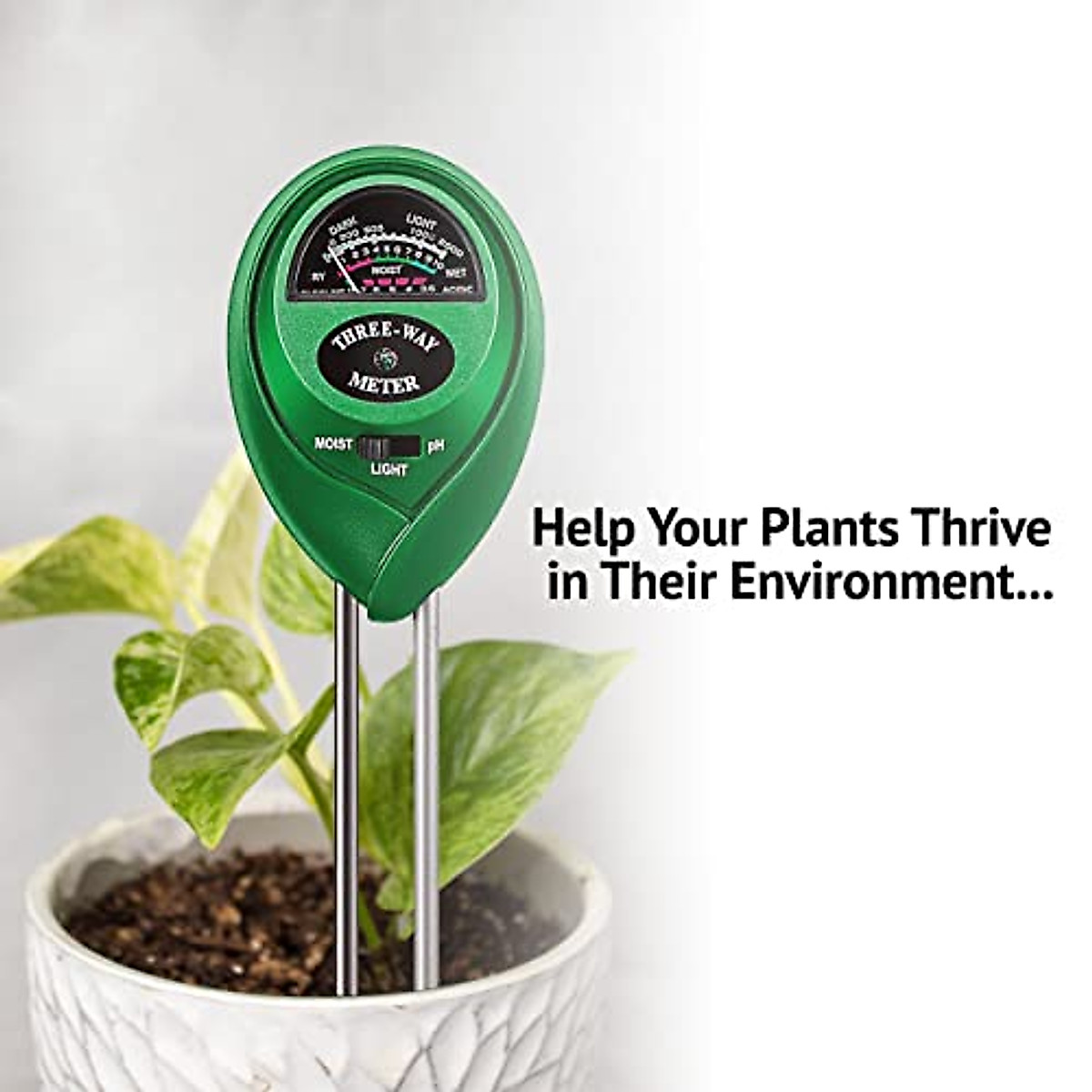 Soil Meter - Monitors Sunlight, Soil Moisture, Plant Water, and pH Levels in Plants, Crops, Fruits, Vegetables, Farms, and Indoor and Outdoor Gardens! No Batteries Required!