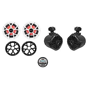 MB Quart GMR-2.5 Bluetooth Gauge Stereo Receiver w/Aux For RZR/ATV/UTV/Cart Bundle with Pair Rockville RKL65MBW Marine Boat Speakers and Pair RWB70B Marine Swivel Tower Speakers