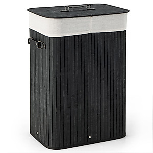 Giantex Bamboo Laundry Hamper with Lid, 72L Large & Tall Clothes Hamper with Removable Liner & Handles, Rectangular Laundry Basket for Small Spaces, Laundry Room, Bedroom (Black)