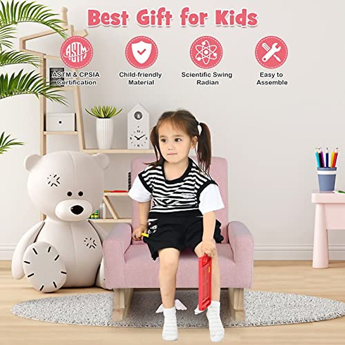 Costzon Kids Sofa, Rocking Chair with Solid Wood Frame, Linen Fabric, Anti-Tipping Design for Kids Room, Nursery, Playroom, Preschool, Birthday Gift for Boys Girls, Toddler Furniture Armchair (Pink)