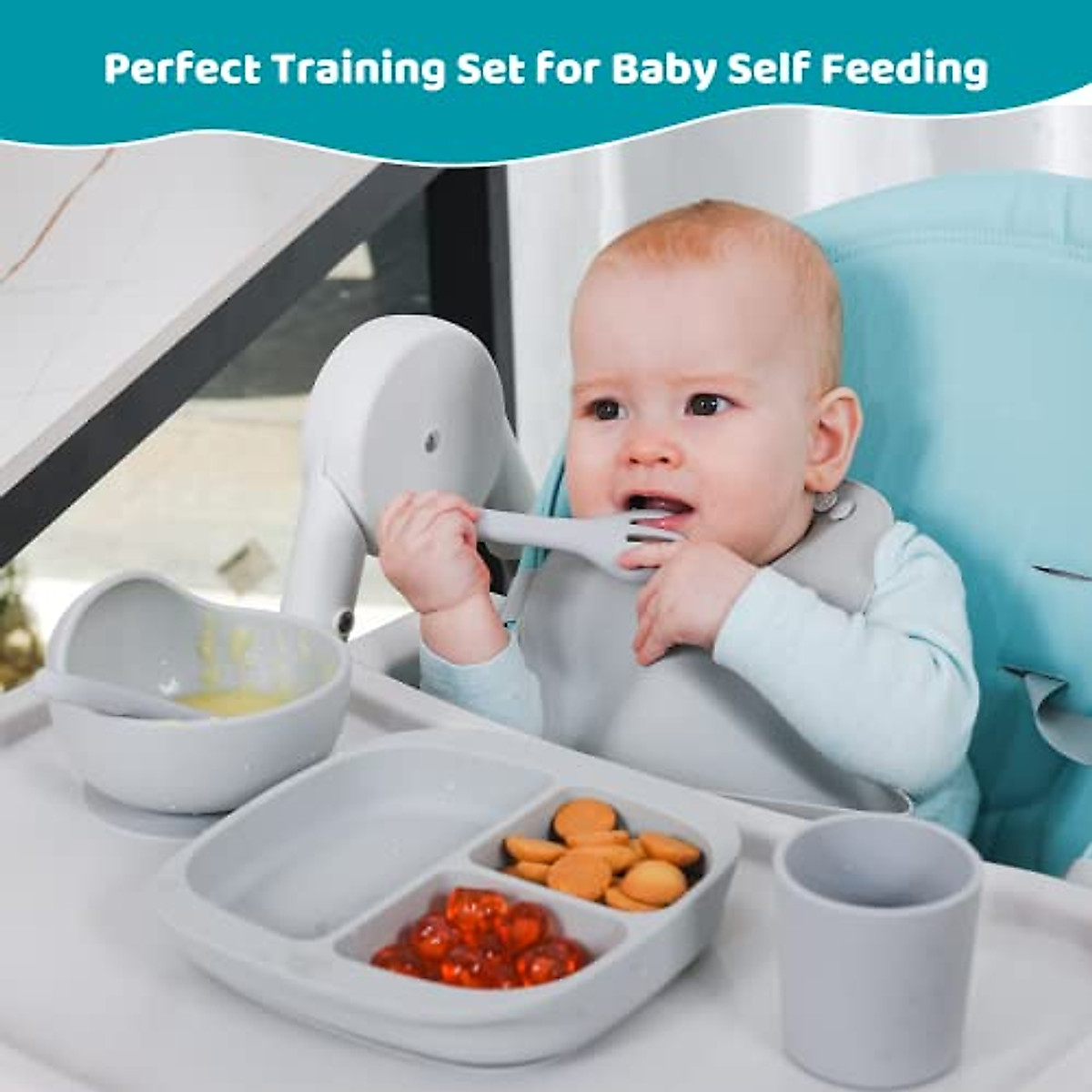 Ziza Baby Led Weaning Supplies - Silicone Baby Feeding Set, Suction Plates and Bowls for Infants & Toddlers, Baby Eating Supplies with Divided Plate, Suction Bowl, Bib, Training Cup, Spoon, Fork