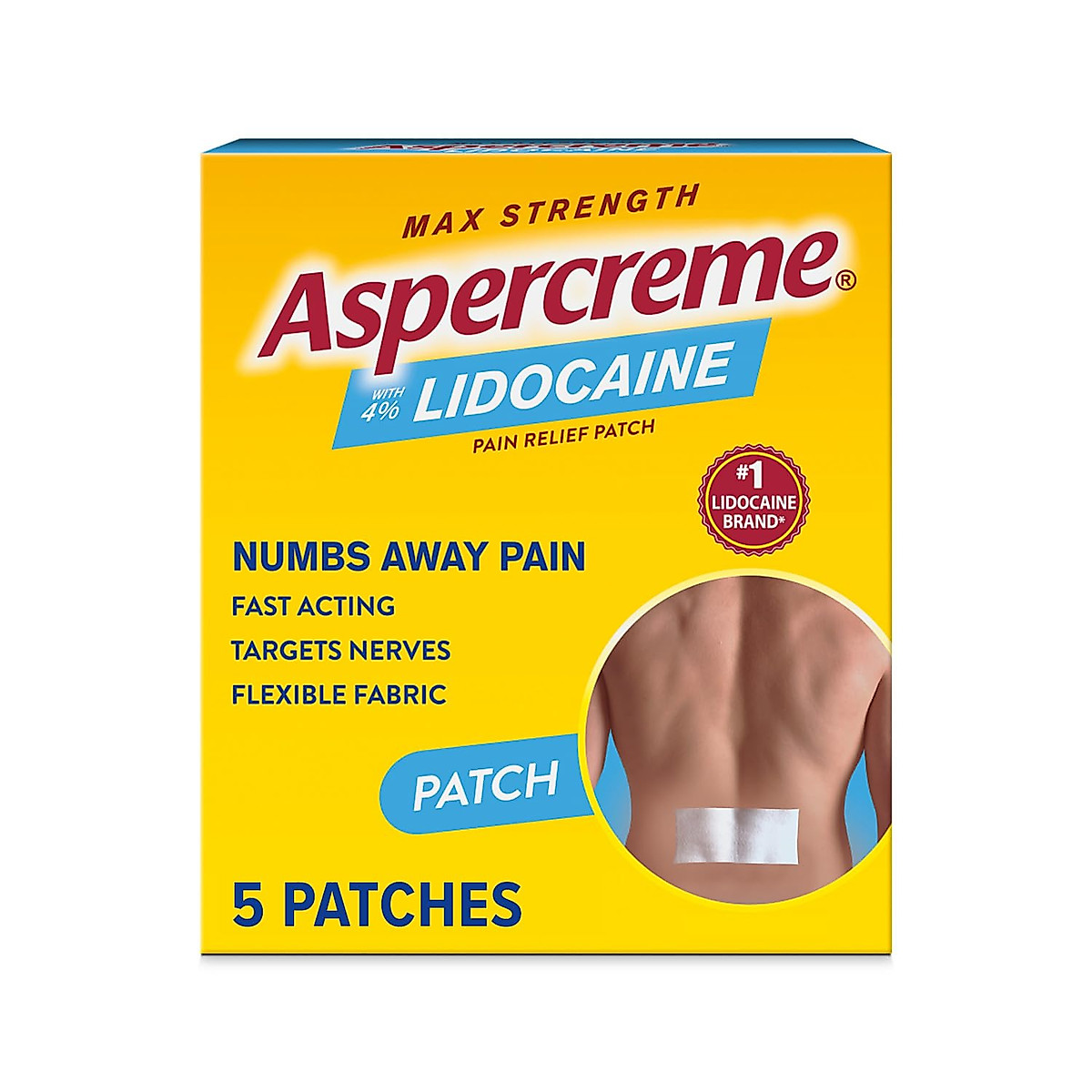Aspercreme Max Strength Lidocaine Pain Relief Patch (5 Count) for Back Pain, Odor Free Pain Patches