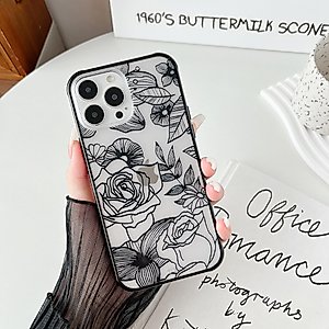 XIZYO for iPhone 13 Pro Max Case 6.7 Inch Cute Phone Case Floral Rose Aesthetic Flower Clear Case for Women Girls Slim Pattern Anti-Yellow Shockproof Protective TPU Bumper Case, Black