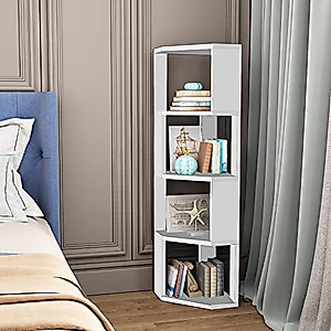 Min Win 5 Tier Corner Shelf Unit,50.2" Standing Tall Corner Bookcase Multipurpose Shelving Unit Wooden Display Bookshelf Storage Rack Corner Storage Shelves Plant Stand For Home Kitchen Office - White