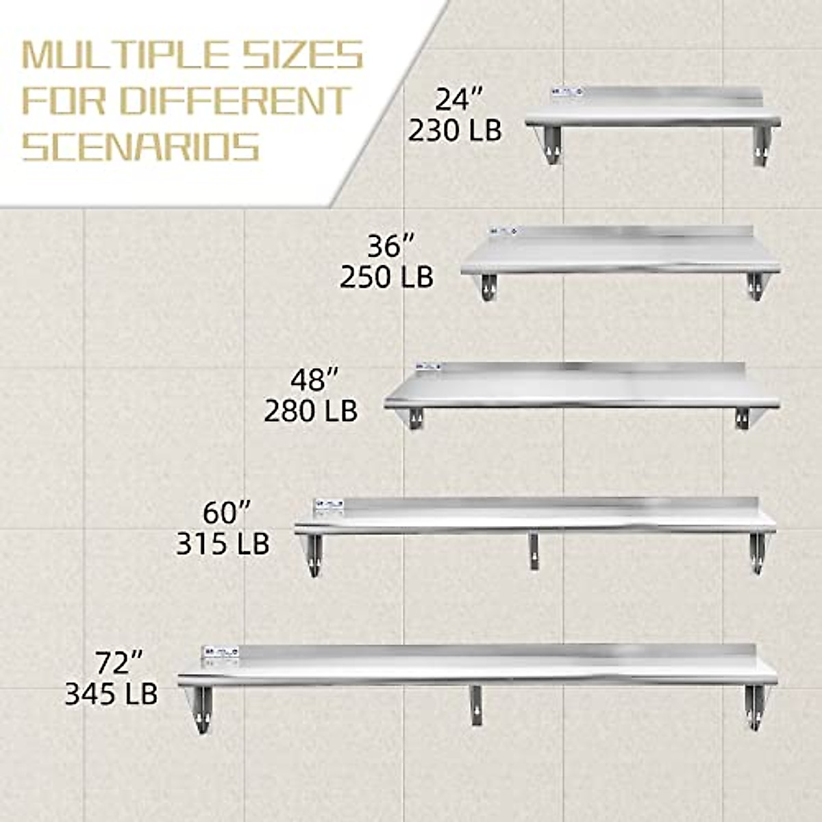 Hally Stainless Steel Shelf 12 x 48 Inches 280 lb, NSF Commercial Wall Mount Floating Shelving for Restaurant, Kitchen, Home and Hotel