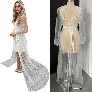 Pearl Long Sleeve Wedding Jacket Tulle Party Shawl BOLERO Floor-Length Bridal Cape Sexy pearl robe(white,M)