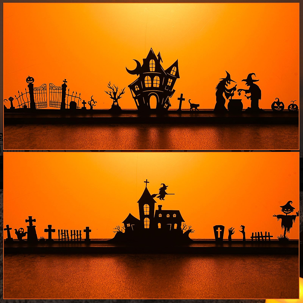Amyhill 2 Pcs Halloween Metal Table Decorations 15.8 Inch Silhouette Haunted House Cemetery Signs Black Spooky Halloween Witch Cauldron Ghost Detachable Tabletop Centerpiece Decor for Home Table Shelf