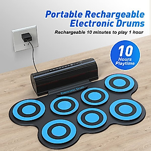 KONIX Electronic Drum Pad for Kids - 7 Pads Roll Up Electric Drum Kit Rechargeable - Digital Drum Sets with Headphone Jack, Speaker, Pedals, Demo Songs, MP3 USB Port, Sticks - Blue
