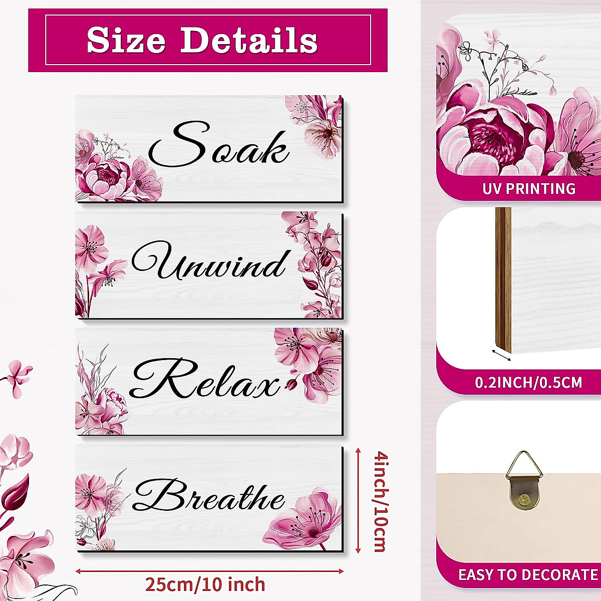 4 Pieces Bathroom Decor Relax Soak Unwind Breathe Wall Art Rustic Farmhouse Wooden Signs for Bathroom Home Spa Laundry Room (Pink)