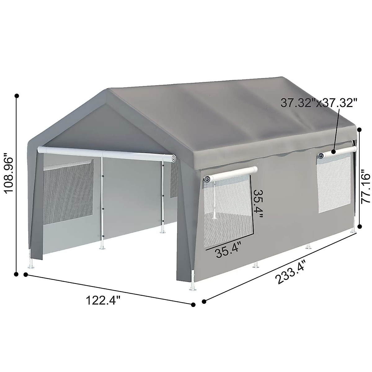 Carport 10x20ft Car Canopy with Transparent Roll-up Windows, Removable Sidewalls & Doors,Portable Garage for Car, Truck, Boat, Car Canopy, Grey