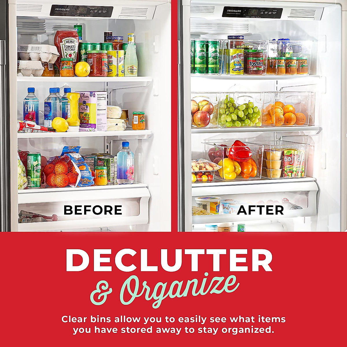 Clear Refrigerator Organizer Bins - Plastic Fridge Organizers - Storage Containers for Organizing Pantry, Cupboard, Cabinet, Freezer, Food, Fruit, Kitchen, Bathroom - Refrigerator Storage Bin set of 4