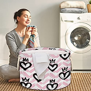 Hearts Crowns Pink Stripe Romantic Large Round Baskets for Storage Laundry Baskets with Handles Blanket Storage Basket for Bathroom Shelves Bins for Organizing Nursery Hamper Girl Boy