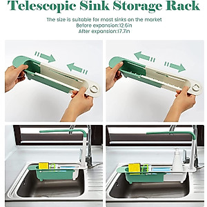 Telescopic Sink Sponges Storage Rack, 11.8 -17.7inch Adjustable Soap Sponge Organizer for Kitchen Sponge and Soap Expandable Storage Drain Basket with Dishcloth Hanger…