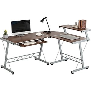 Need L Shaped Desk Gaming Desk Computer Corner Desk with Keyboard Tray and Elevated Shelf for Home Office Sturdy Writing Workstation Brown DX-402C1-BS-ND
