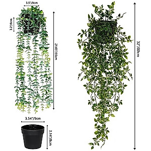 MARTINE MALL 2 Packs Artificial Hanging Plants Fake Hanging Plants, Small Potted Hanging Plants Fake Plants Mandala Hanging Vine Eucalyptus Vine for Shelf Home Office Bedroom Indoor Outdoor