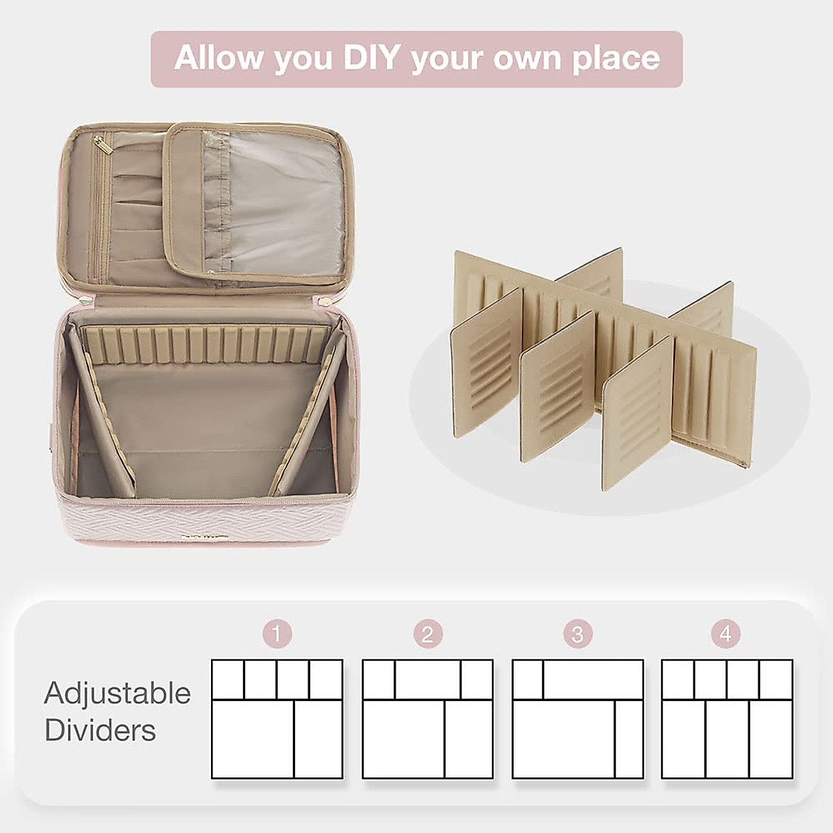 BAGSMART Large Makeup Bag, Double Layer Cosmetic Bag Travel Makeup Case Organizer with Shoulder Strap for Cosmetics Makeup Brushes Toiletries Travel Accessories (Medium, Pink)