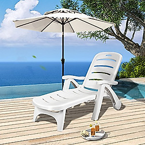 Giantex Folding Lounger Chaise Chair on Wheels Outdoor Patio Deck Chair Adjustable Rolling Lounger 5 Position Recliner w/Armrests (1, White)