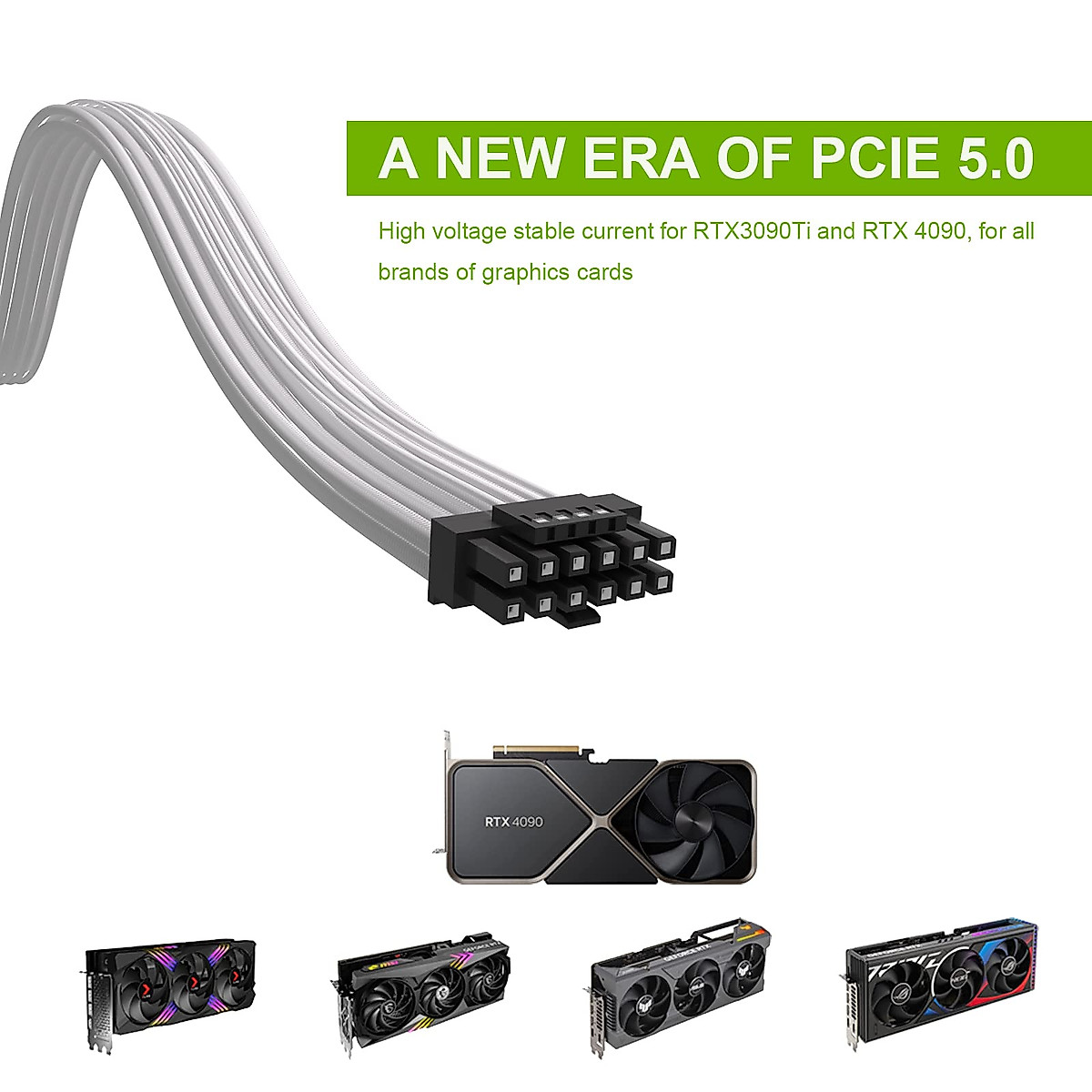 Sirlyr 16Pin GPU Cable,Pcie 5.0 12VHPWR Sleeved Modular Cables,Male to Male PSU Cable,Mini 12+4 pin Adapter 600W ATX 3.0 Power Supply for RTX 3090TI and 4090 Graphic Card with Combs(White)