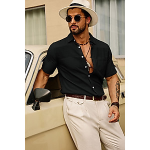 GRACE KARIN Men's Hawaiian Cotton Linen Shirts Casual Button Down Tropical Holiday Beach Shirts Black L