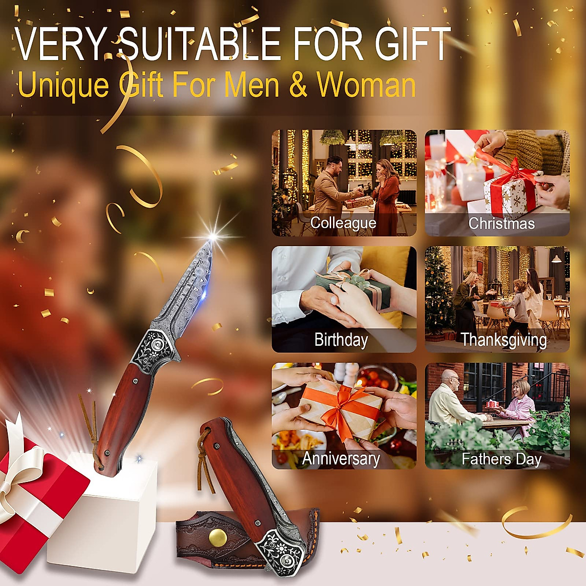 KOMWERO Damascus Pocket Knife, VG10 Damascus Steel Folding Knife with Wood Handle, Leather Sheath, Liner Lock, EDC Knife for Outdoor Survival Hunting Collection