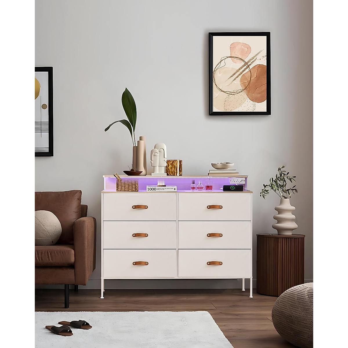 SANGMUCEN 47.2" W White Dresser for Bedroom with Charging Station and LED Lights, 6 Drawers Dresser with PU Finish, Wide Fabric Dressers for Closet, Bedroom, Hallway Entryway, Wood