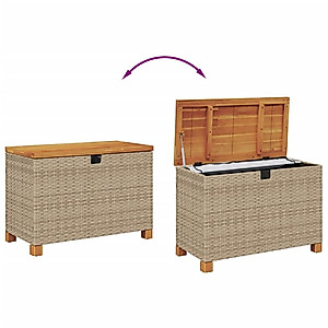 vidaXL Patio Storage Box with Lid Outdoor Cushion Bench Seat Beige PE Poly Rattan Acacia Wood – 31.5"x15.7"x18.9"
