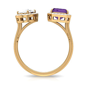 Natural Amethyst Open Cuff Ring with Halo, Toi Et Moi Engagement Jewelry for Women, 14K Yellow Gold, Size:US 6.50