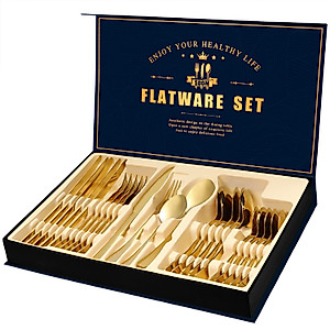 SDOM Silverware Set, Mirror Finish 24-Piece Stainless Steel Rounded Flatware Set for 6, Food-Grade Tableware Cutlery Set, Utensil Sets for Home Restaurant, Dishwasher Safe（Gold）