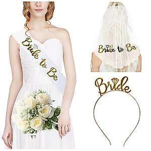 Chewarelly 3 Pack Bride to Be Decorations Set, Bride to Be Sash, White Bride Veil, Bride Headband Tiara for Bachelorette Party Bridal Shower Decoration(White with Gold)