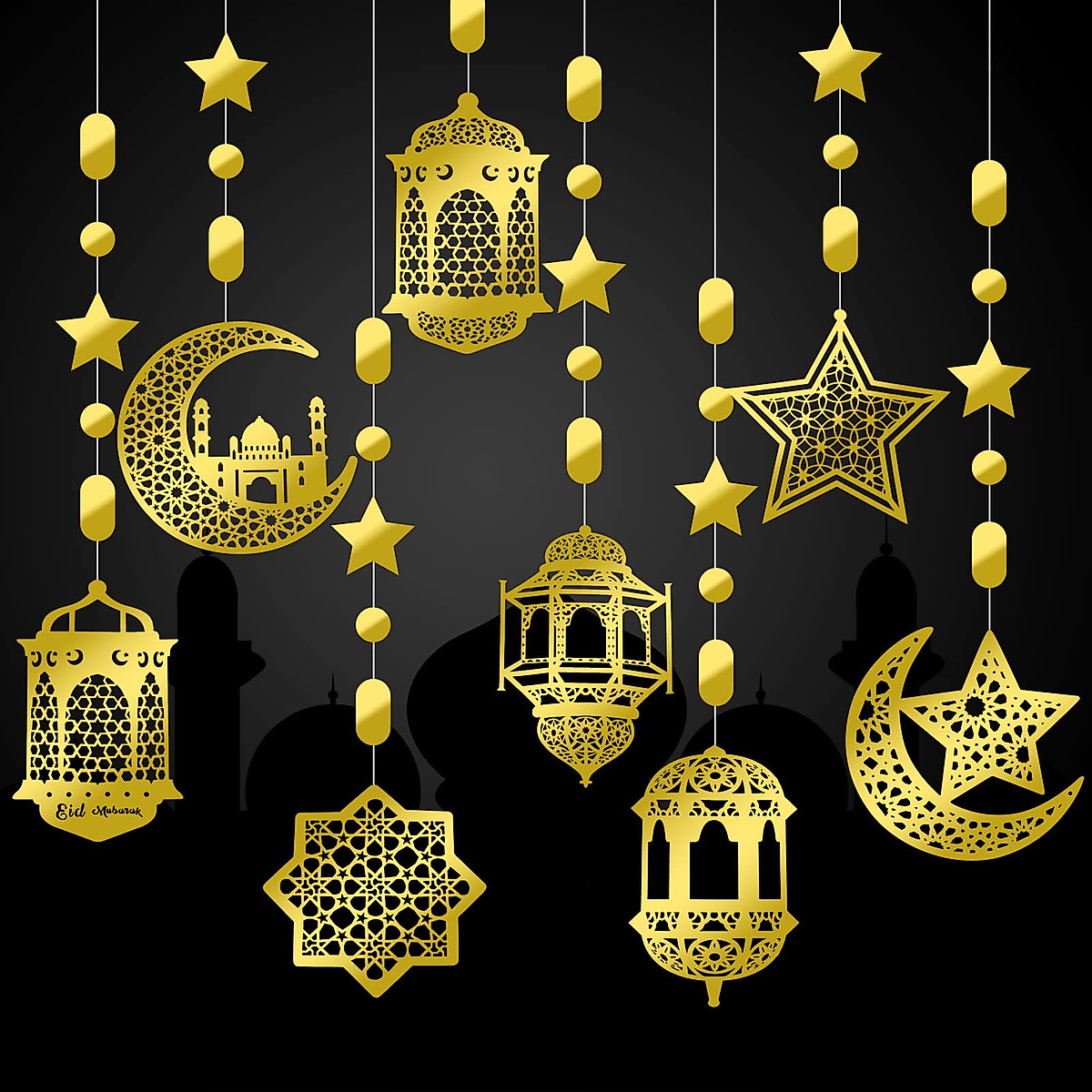 24 Pcs Ramadan Garland Eid Decoration Streamer Ramadan Mubarak Party Banner Star Moon Lantern Streamer Backdrop Shining Hanging Wall Decorations for Home Wedding Birthday Islam Party Decor (Gold)