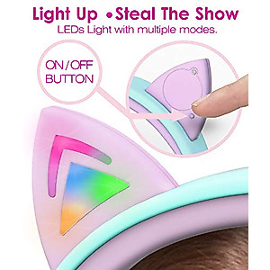 FosPower Kids Headphones with LED Cat Ears, 3.5mm On-Ear Wired Headset with Laced Cables for iPad/Smartphones/PC/Kindle/Tablet/Laptop/School (Max Volume 85dB) - Teal/Light Purple