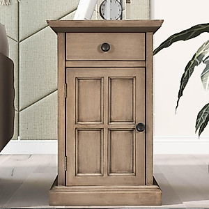 P PURLOVE Classic Vintage Living Room End Table, Wooden Side Table with USB Ports and One Multifunctional Drawer with Cup Holders (Antique Brown)