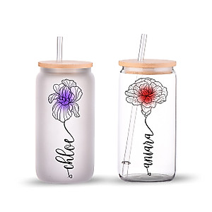 Grifil Zero Birth Month Flower Glass Tumbler, Frosted Glass Tumbler, Bamboo Lid Coffee Cup, Horoscope Birth Month Floral Design, Birthday Flower