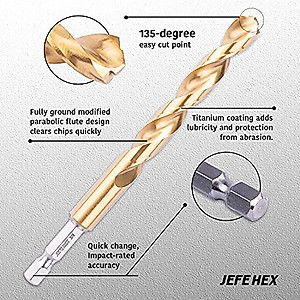 JEFE HEX 3/8" Inch Hex Shank with Titanium Coating Twist Drill Bits, 135 Degree Easy Cut Split Point Drill Bits (Pack of 6)