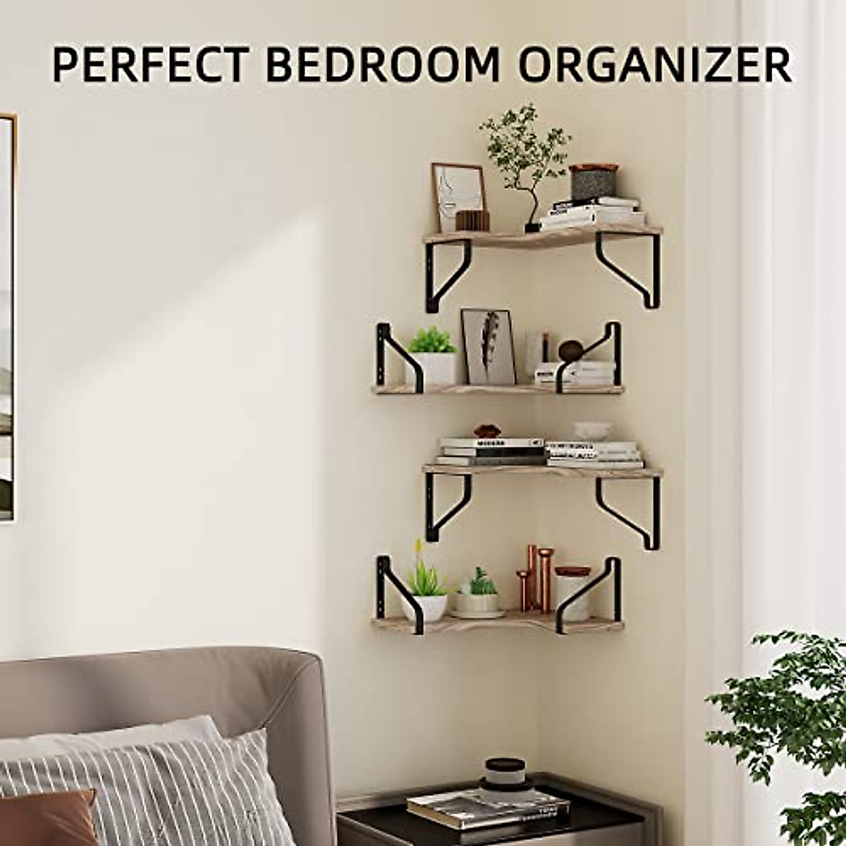 MOLYHOM Wood Floating Corner Shelves, Wall Shelves for Bedroom, 4 Sets of Wall Mounted Shelf.