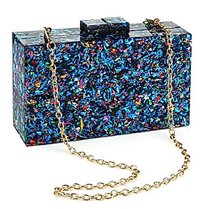 Women Sequin Acrylic Clutch Box Crossbody Bag Handbag Bridal Party Cocktail Evening Clutch Purse (Blue)