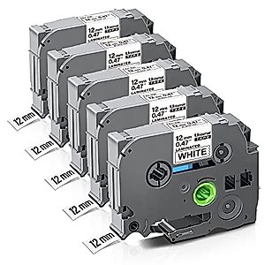 Unismar Tze 12mm 0.47 Laminated White Tape Compatible for Brother TZe-231 TZe231 for Ptouch PT-D220 PTD210 PTH110 PTH100 PTD600 PTD200 Label Maker, Black on White 1/2'' x 26.2', 5 Pack