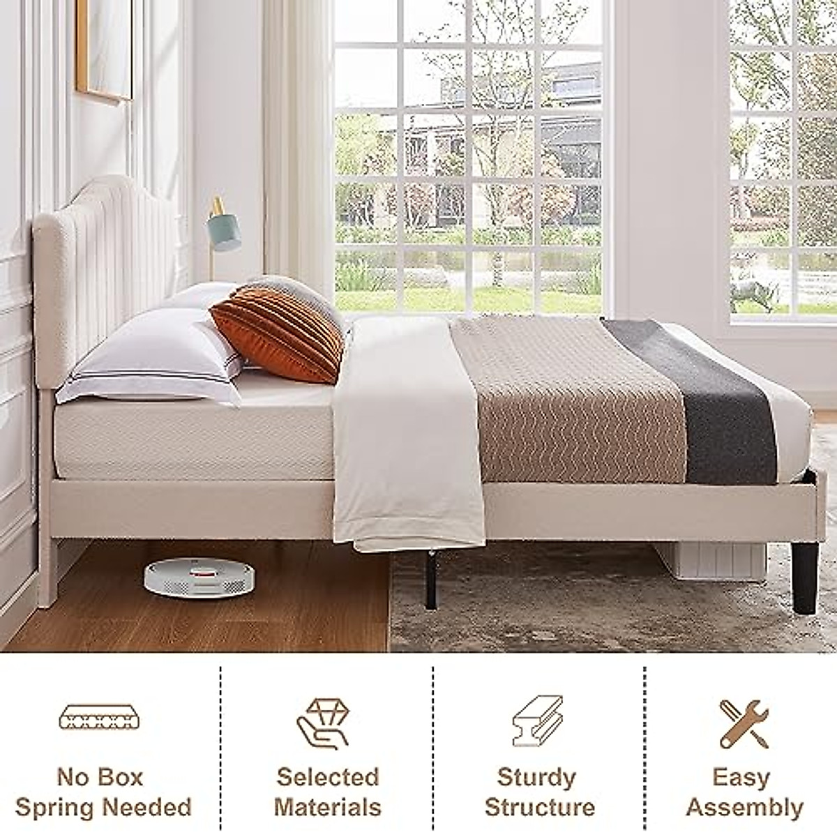 VECELO Upholstered Bed Frame Queen Size, Platform Bed Frame with Adjustable Headboard, Sheepskin Fabric Bed with Strong Wood Slats and 7.9'' Under Bed Space, Noise Free No Box Spring Needed, Beige