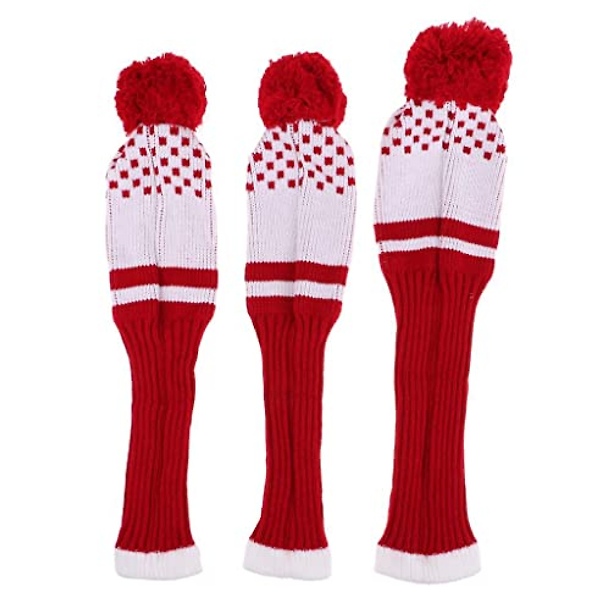 pistro 3Pcs Pom Pom Knit Headcover Long Neck Driver Fairway Woods Head Cover - Red