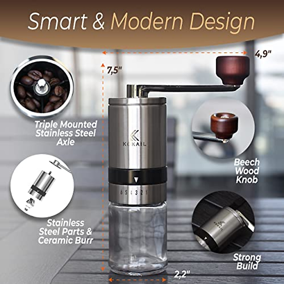 KOKAIL Manual Coffee Grinder | Hand Coffee Grinder with Crank Handle Wood Knob having 6 Adjustable Grind Settings, Includes Extra Glass Jar, Velvet Storage Bag, Spoon & Cleaning Brush