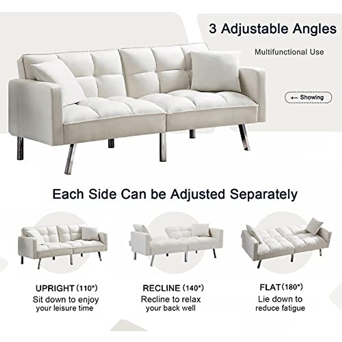 VERYKE Convertible Futon Sofa Bed with 2 Pillows, Modern Upholstered Sleeper Sofa Couch with 3 Adjustable Backrests & Metal Legs for Living Room (White)