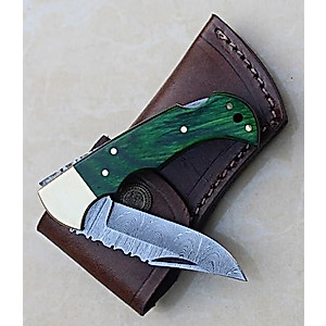 Nesmo-504 Handmade Damascus Steel folding knife 6.5'' Pocket Knife With Leather Pouch, Back Lock Knife For Hunting, Camping, Skining and outdoor (Green Pakka Wood Handle)