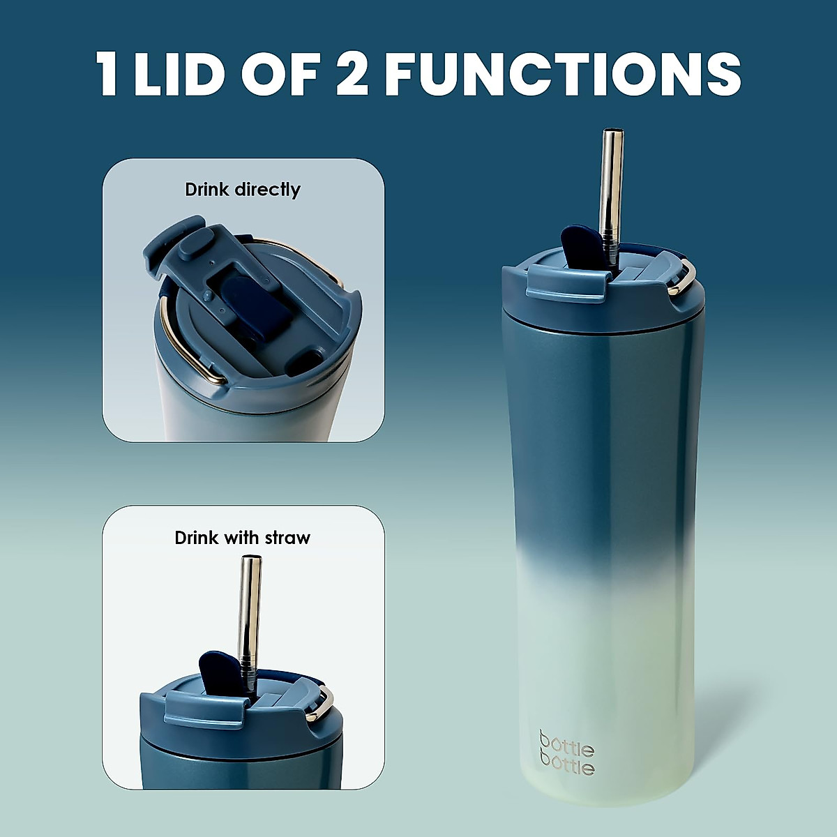 BOTTLE BOTTLE Insulated Coffee Tumblers with Dual-use Lid and Straw Double Walled Iced Travel Coffee Mug for Woman and Man 18 oz Stainless Steel Tumbler with Handle(Ocean Blue)