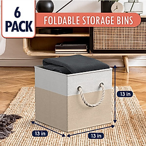 Ornavo Home Foldable Collapsible Storage Box Bins Linen Fabric Shelf Basket Cube Organizer with Rope Handles - Set of 6 - 13 x 13 x 13 - White/ Khaki