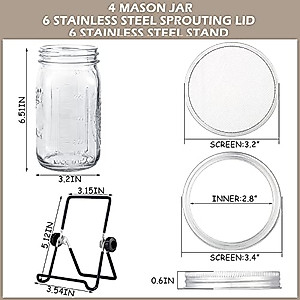 meekoo 4 Sprouting Jar Kit Wide Mouth Mason Jars with Stainless Steel Screen Sprout Lids and Stand Microgreens Growing Kit Seed Germination Kit Seed Sprouter Set for Growing Broccoli Alfalfa Mung Bean
