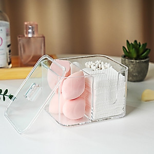 Qtip Holder, Cosmetic Items Storage Dispenser, 4 Compartments Bathroom Canisters for Cotton Swab, Cotton Ball, Cotton Pad Organizer, Clear Acrylic Containers with Lid for Bathroom Vanity Countertop