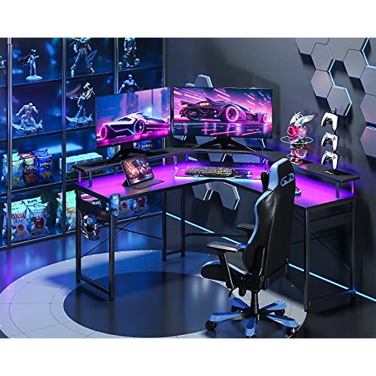 ODK L Shaped Gaming Desk with LED Lights & Power Outlets, 51" Computer Desk with Full Monitor Stand, Corner Desk with Cup Holder, Gaming Table with Hooks, Black Carbon Fiber