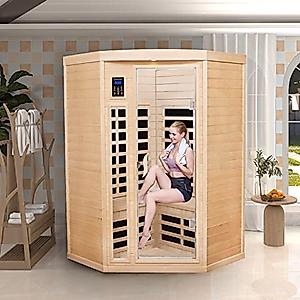Xmatch Far Infrared Wooden Sauna Room, 2-Person for Corner Space, with 1600W, 7 Low EMF Heaters, 2 Bluetooth Speakers, 2 LED Reading Lamp and 3 Chromotherapy Lights